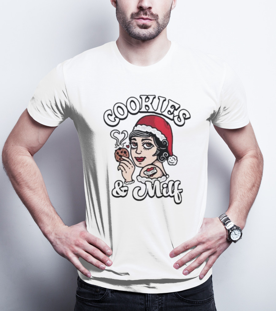 Cookies And Milf Retro Style Santa Hat Woman With Heart And Chocolate Chip Cookie T-Shirt