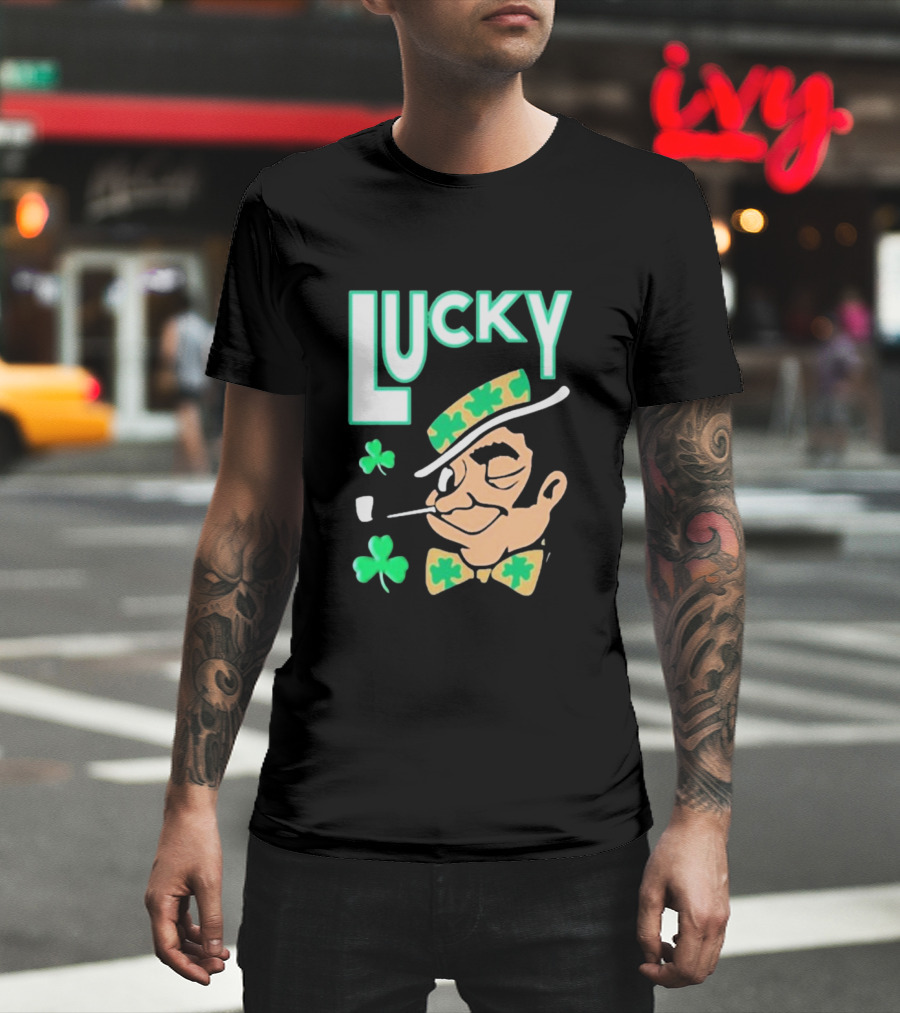 Boston Celtics Lucky The Leprechaun Shamrock Winking Pipe T-Shirt