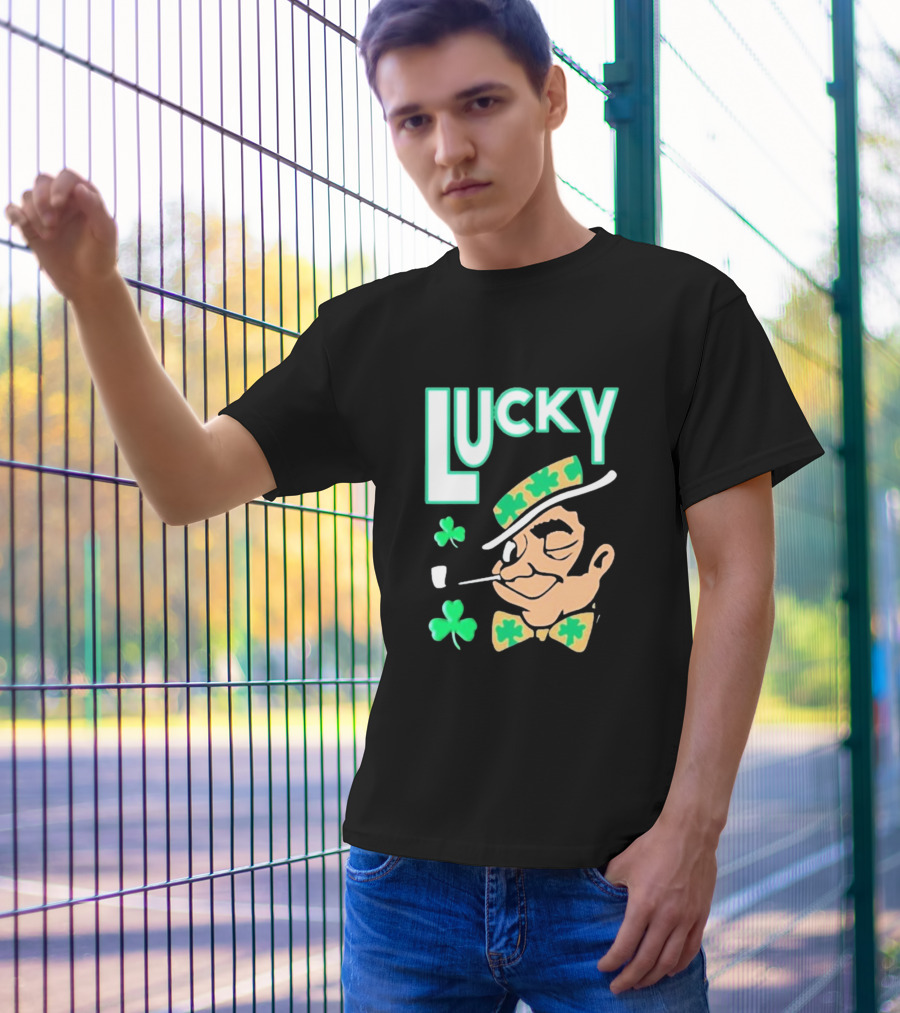 Boston Celtics Lucky The Leprechaun Shamrock Winking Pipe T-Shirt