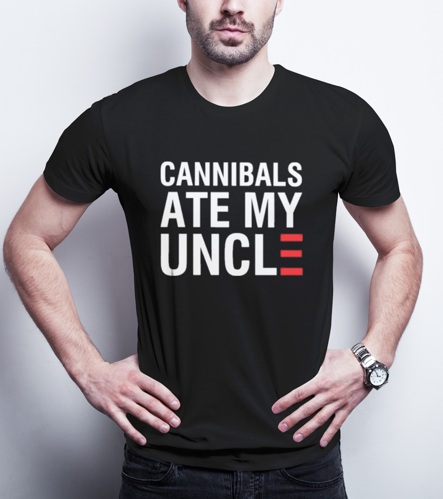 Cannibals Ate My Uncle White Text Red Stripes T-Shirt