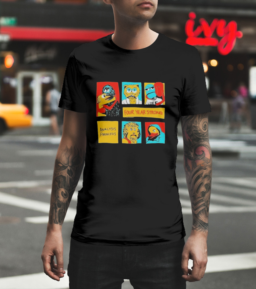 Four Year Strong Analysis Paralysis Characters In Colorful Panels T-Shirt