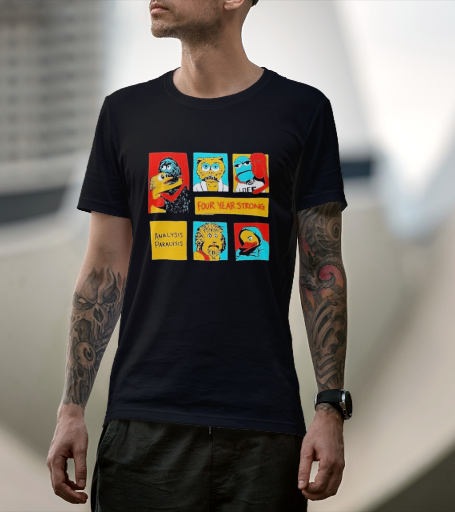 Four Year Strong Analysis Paralysis Characters In Colorful Panels T-Shirt