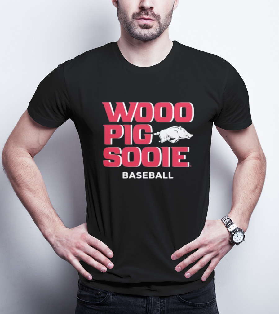 Wooo Pig Sooie Arkansas Baseball Black Pig T-Shirt