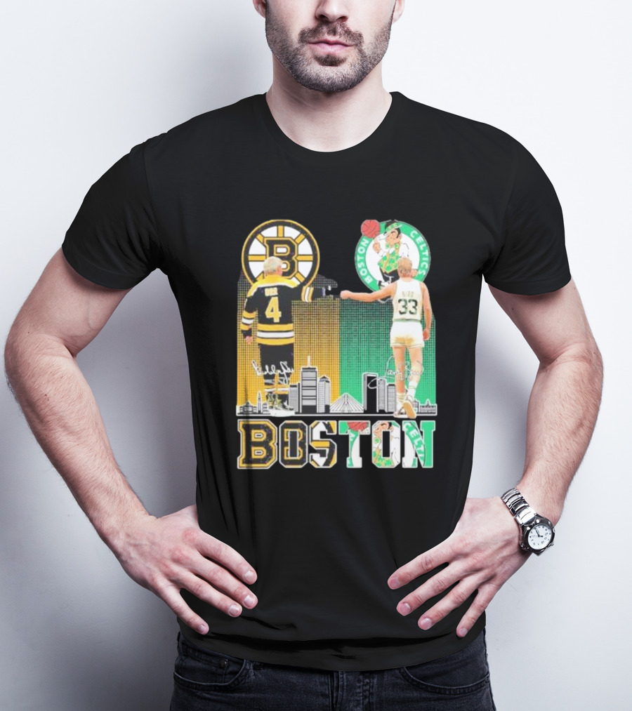 Bobby Orr Boston Bruins Larry Bird Boston Celtics Skyline Signatures Logos And Boston Text T-Shirt