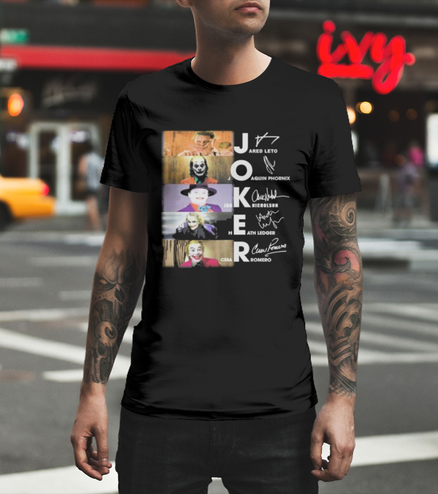 Joker Jared Leto Joaquin Phoenix Jack Nicholson Heath Ledger Cesar Romero Signatures DC Comics Movies All Stars Eras T-Shirt