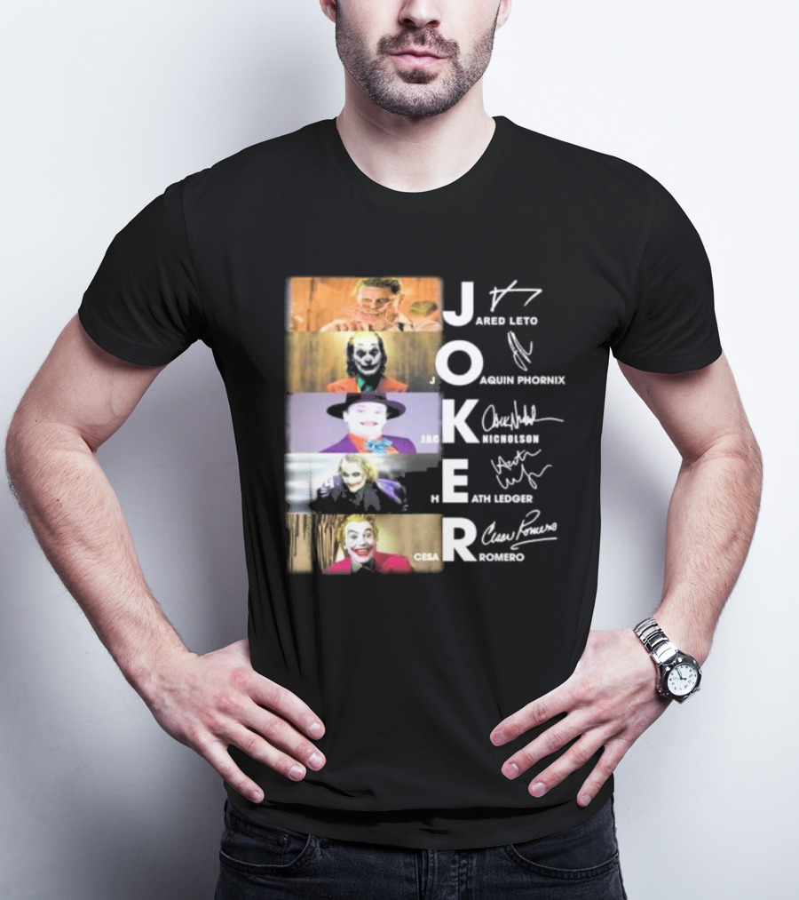 Joker Jared Leto Joaquin Phoenix Jack Nicholson Heath Ledger Cesar Romero Signatures DC Comics Movies All Stars Eras T-Shirt