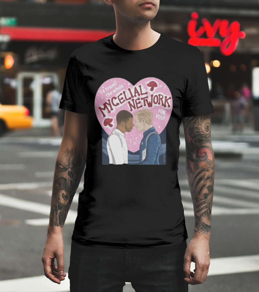 I’d Travel The Whole Mycelial Network For You Tender Moment Pink Heart Mushrooms T-Shirt