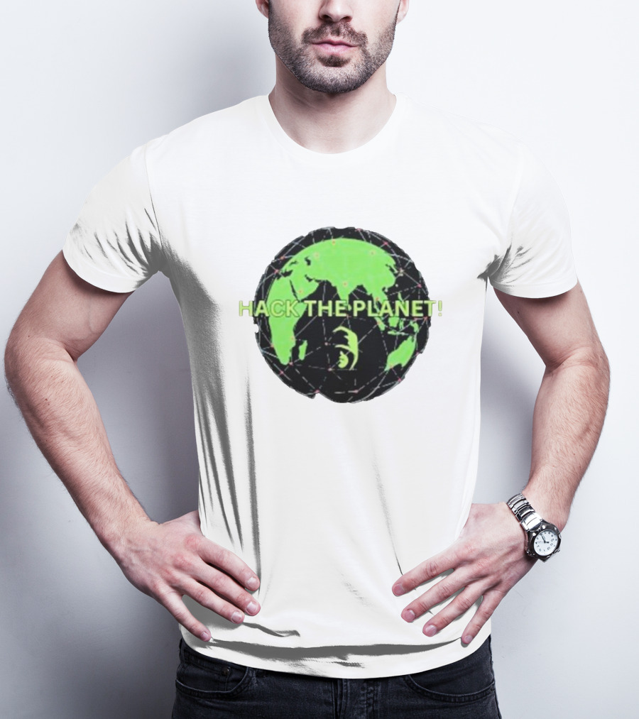 Hack The Planet Green And Black Globe Motif T-Shirt