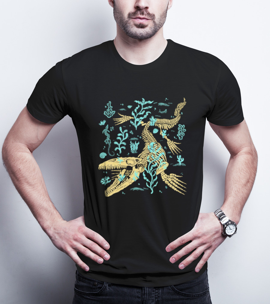 Mosasaurus Fossils Fitas Underwater Skeleton And Seaweed Scene T-Shirt