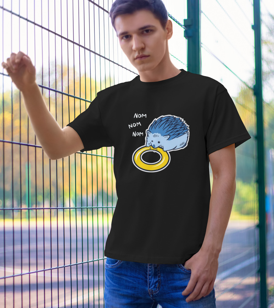 Sam Logan Hungry Blue Hedgehog Nom Nom Nom Eating Yellow Ring T-Shirt