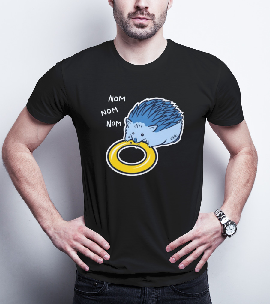 Sam Logan Hungry Blue Hedgehog Nom Nom Nom Eating Yellow Ring T-Shirt