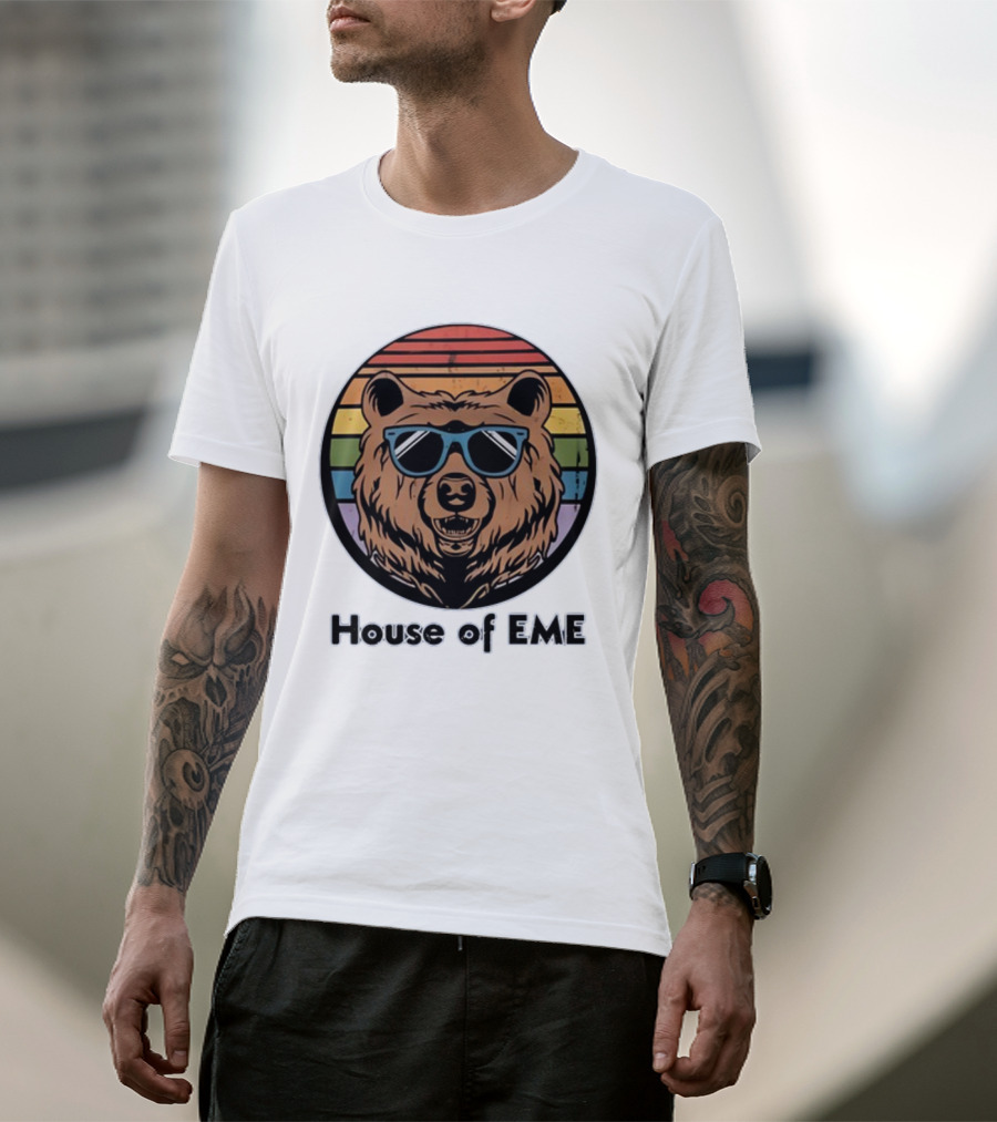 Migs Santillan House Of EME Bear Logo Sunglasses Rainbow Background T-Shirt