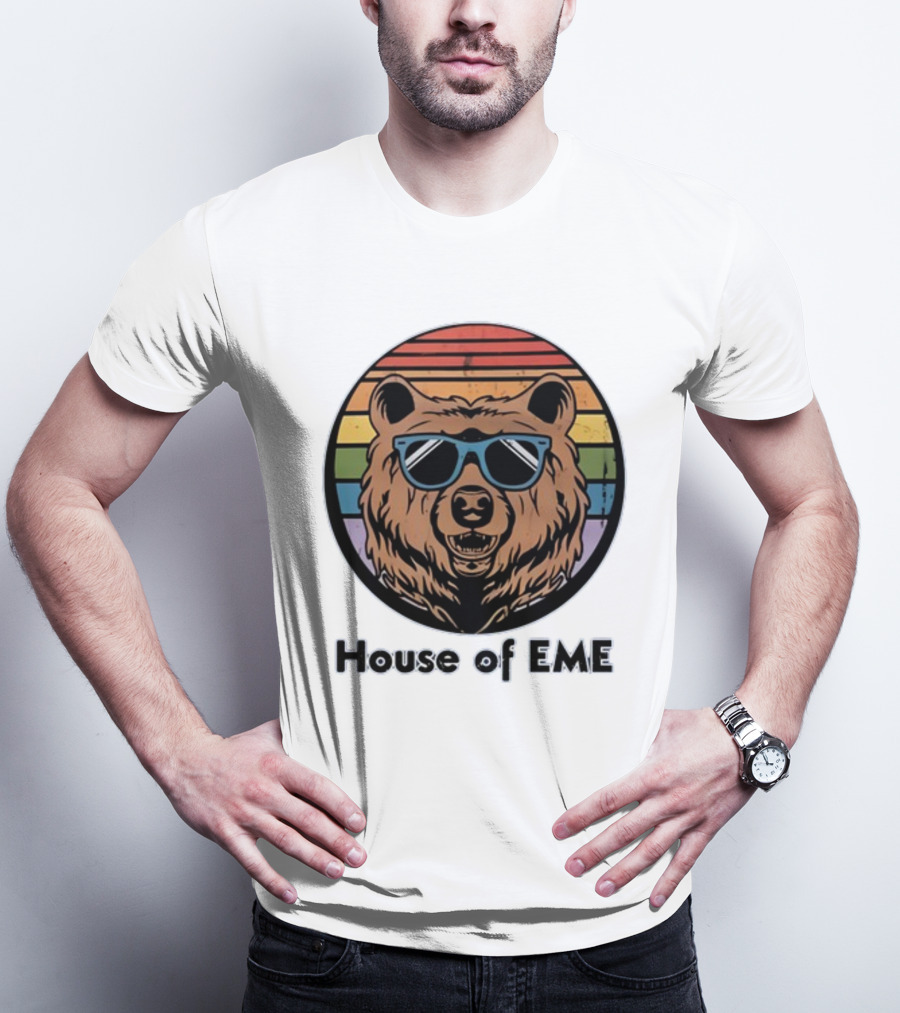 Migs Santillan House Of EME Bear Logo Sunglasses Rainbow Background T-Shirt