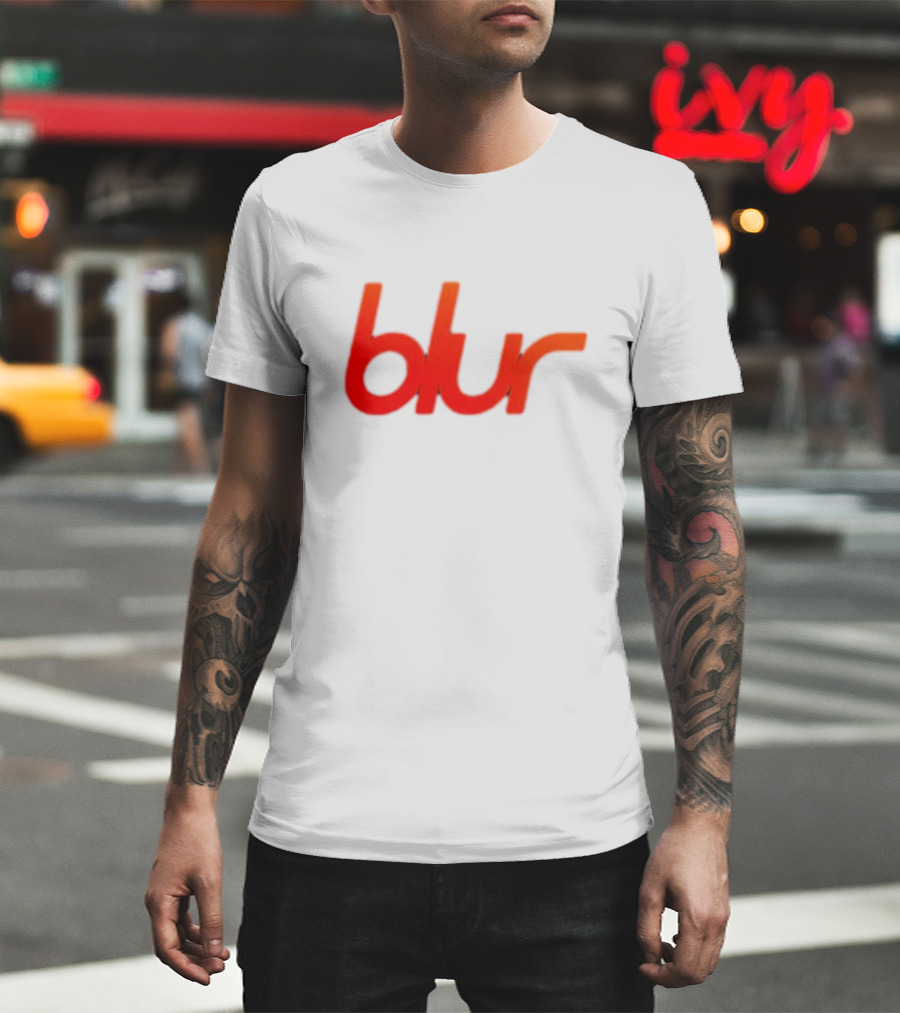 Blur Red-Orange Text Navy Blue T-Shirt