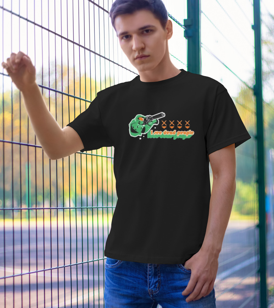 I See Dead People Doom Slayer Helmet Gun Iconic Mashup Reprinted By Fantasy Arc T-Shirt