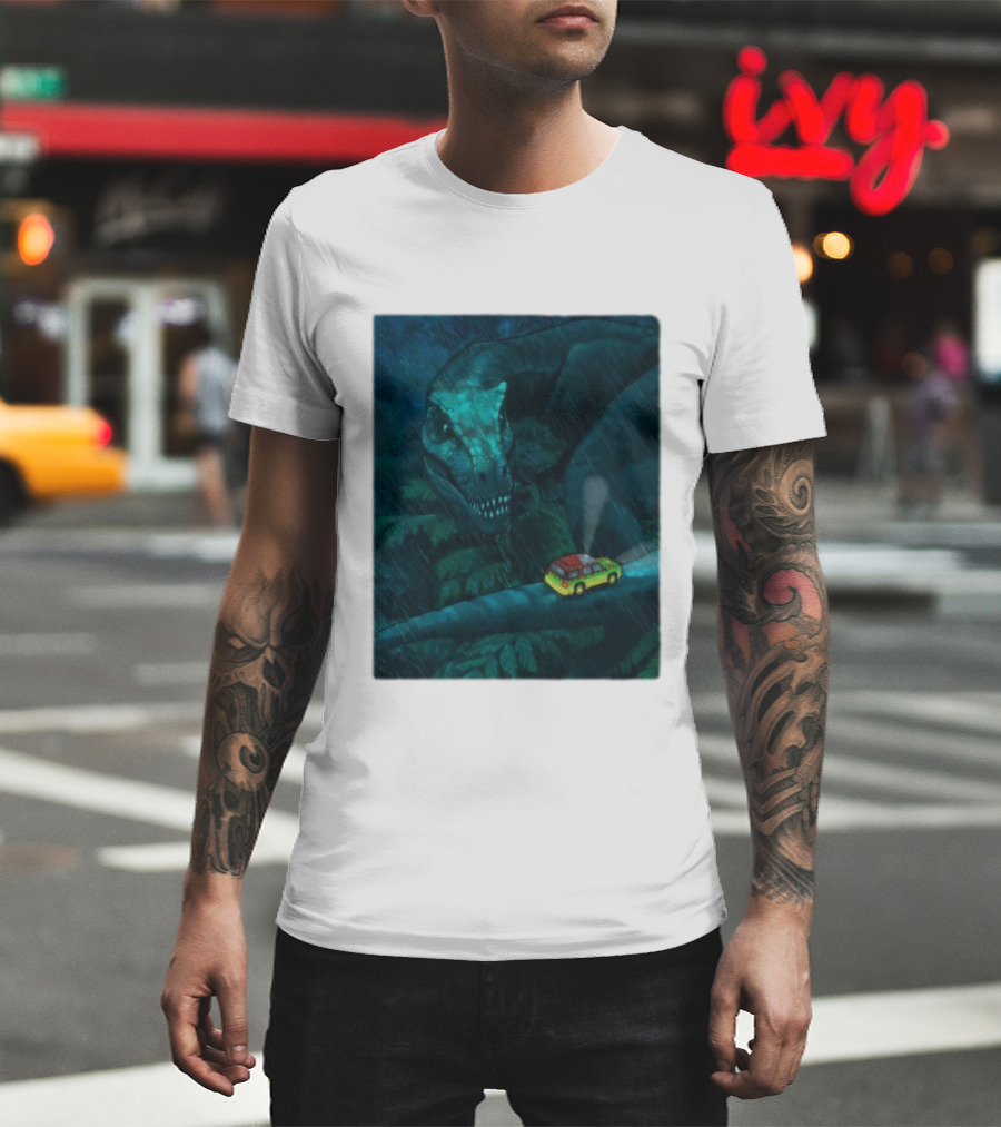 Jurassic Park T-Rex And SUV Night Scene Rainy Adventure T-Shirt