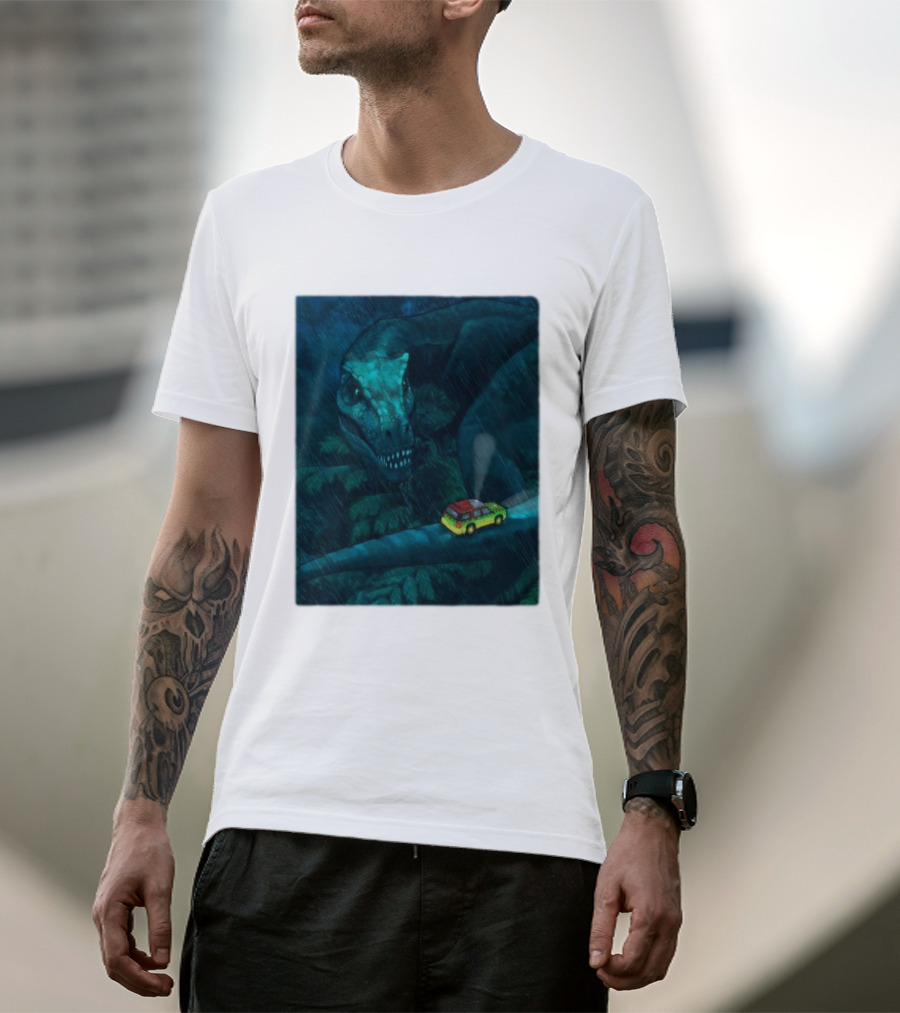 Jurassic Park T-Rex And SUV Night Scene Rainy Adventure T-Shirt