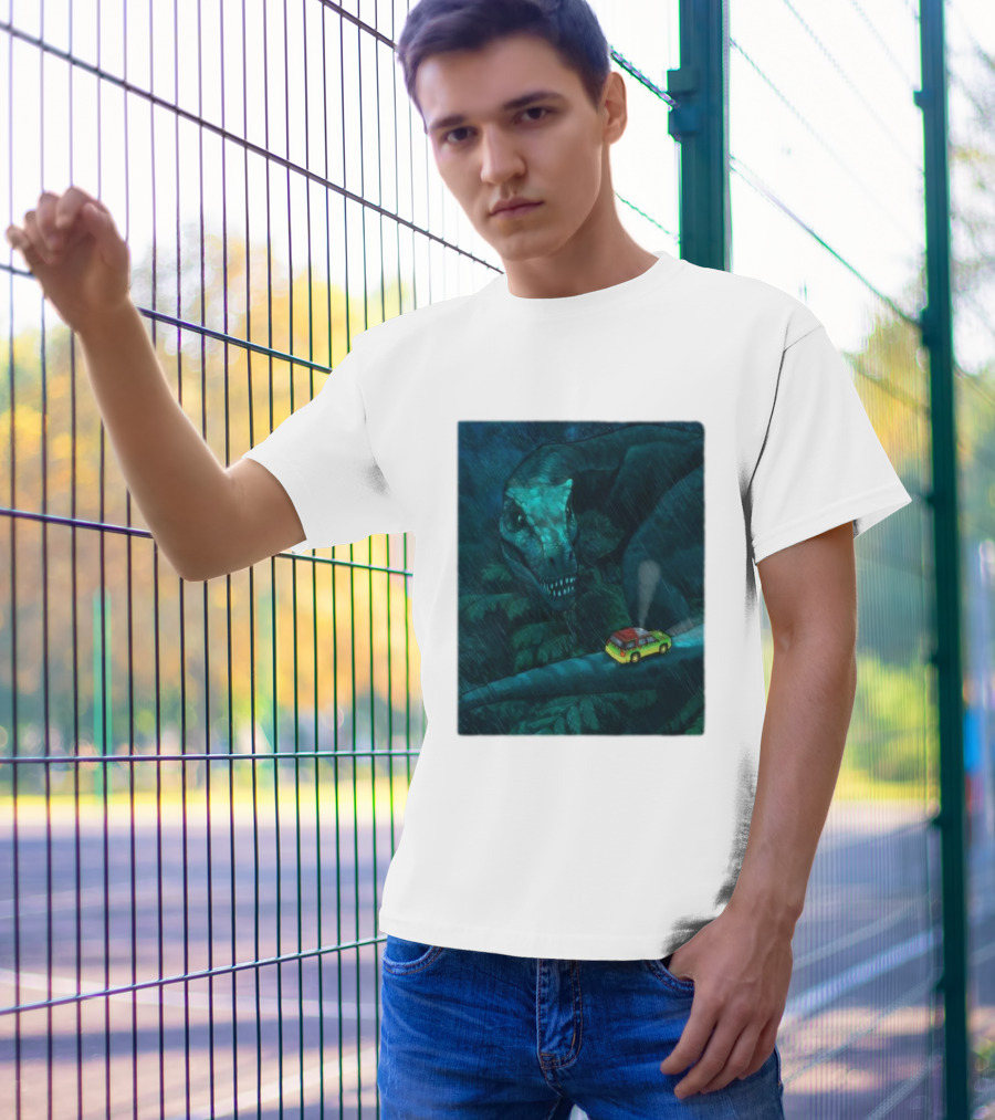 Jurassic Park T-Rex And SUV Night Scene Rainy Adventure T-Shirt