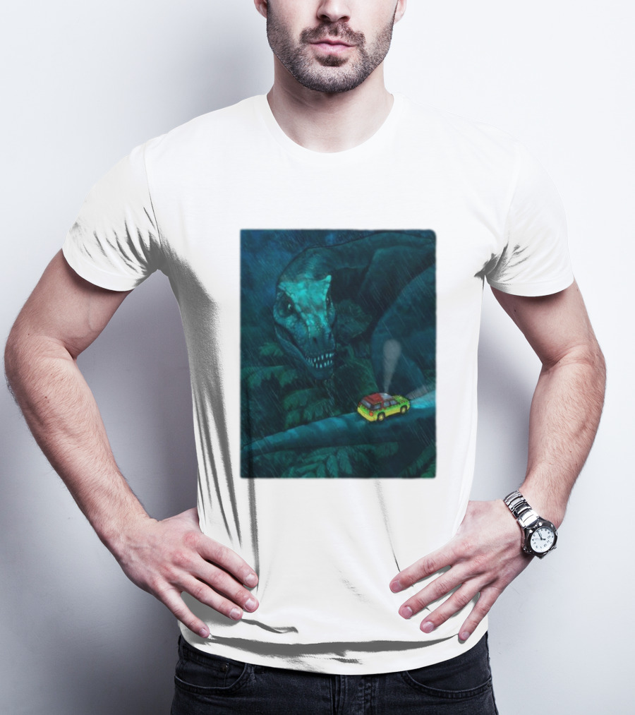 Jurassic Park T-Rex And SUV Night Scene Rainy Adventure T-Shirt