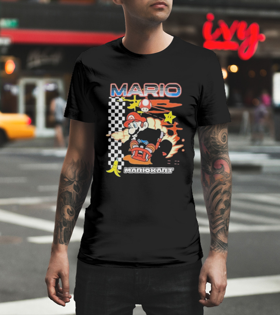 Mario Kart Racing Finish Line Checkered Flag Banana Stars T-Shirt
