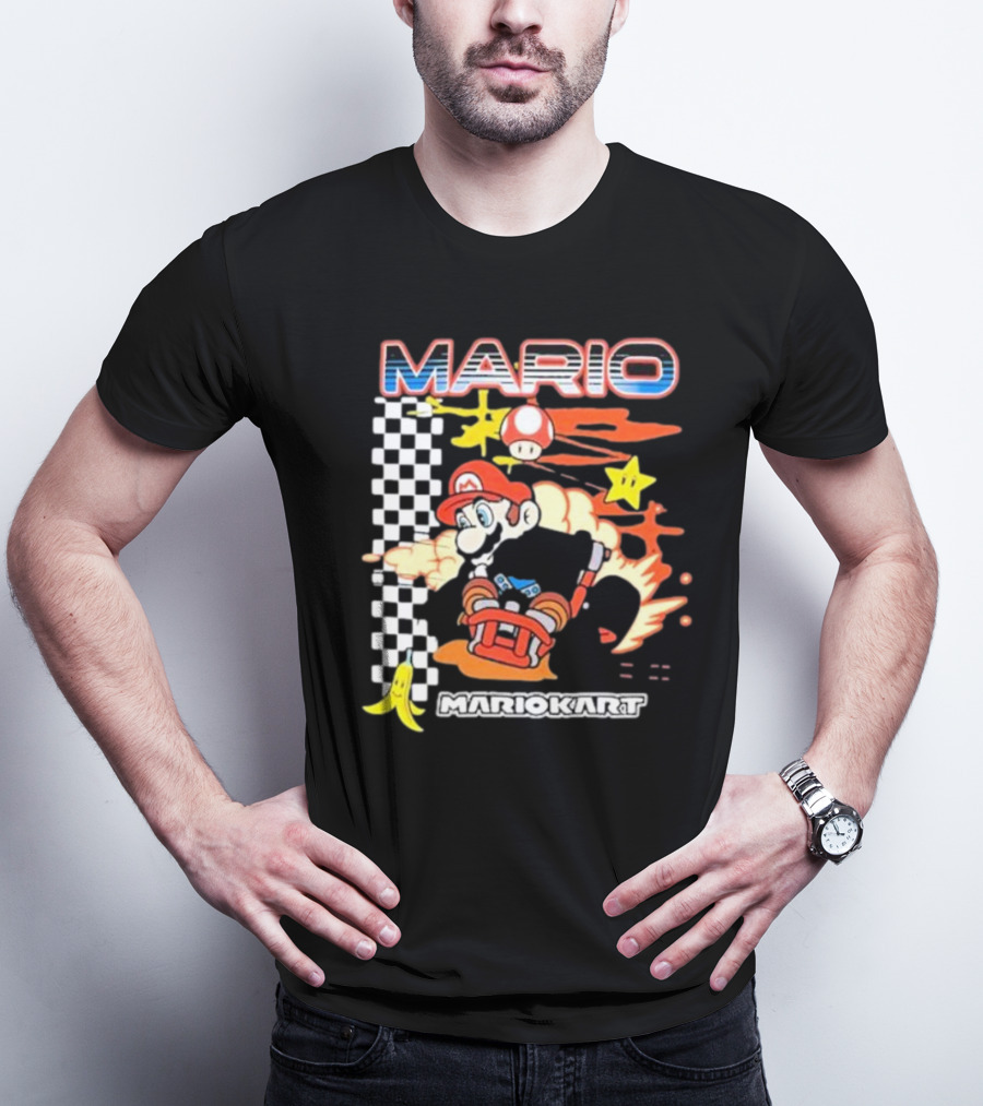 Mario Kart Racing Finish Line Checkered Flag Banana Stars T-Shirt