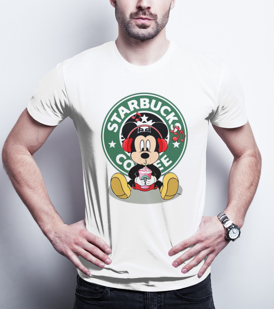 Mickey Mouse Listening To Music With Starbucks Coffee Cup T-Shirt