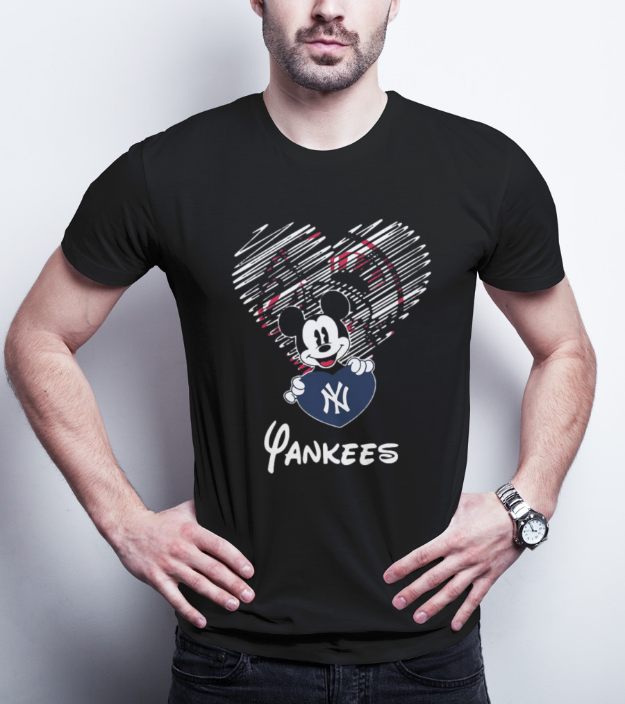Mickey Mouse Yankees Heart Drawing T-Shirt