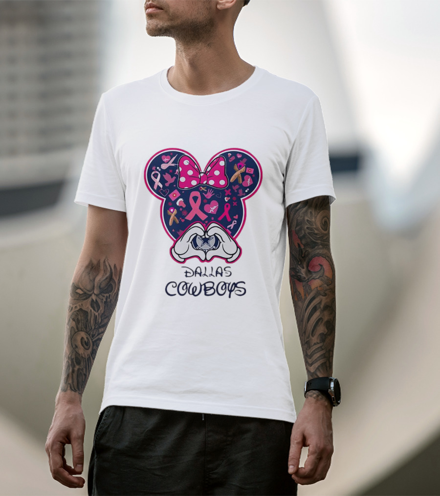 Minnie Mouse Pink Ribbon Heart Hands Dallas Cowboys Breast Cancer Awareness T-Shirt