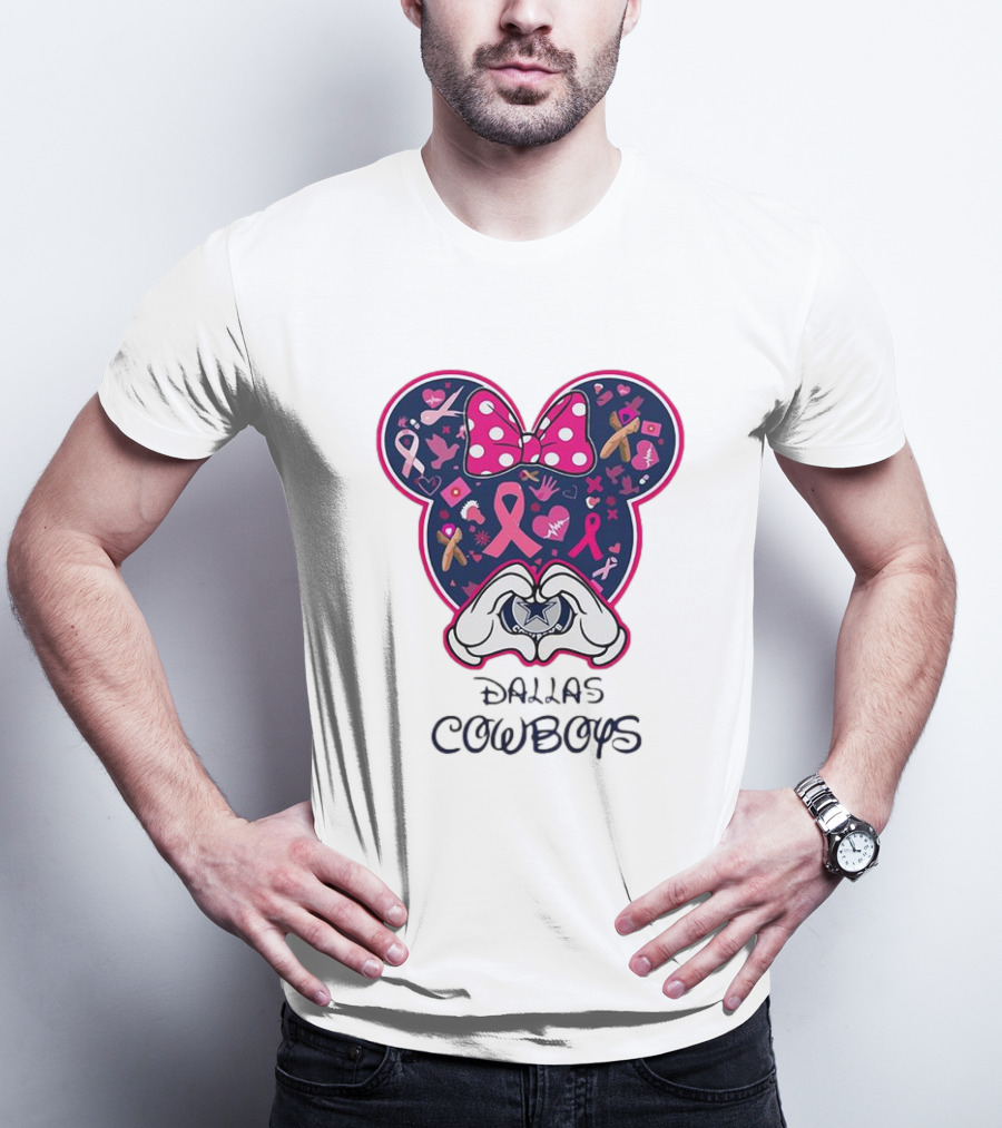 Minnie Mouse Pink Ribbon Heart Hands Dallas Cowboys Breast Cancer Awareness T-Shirt