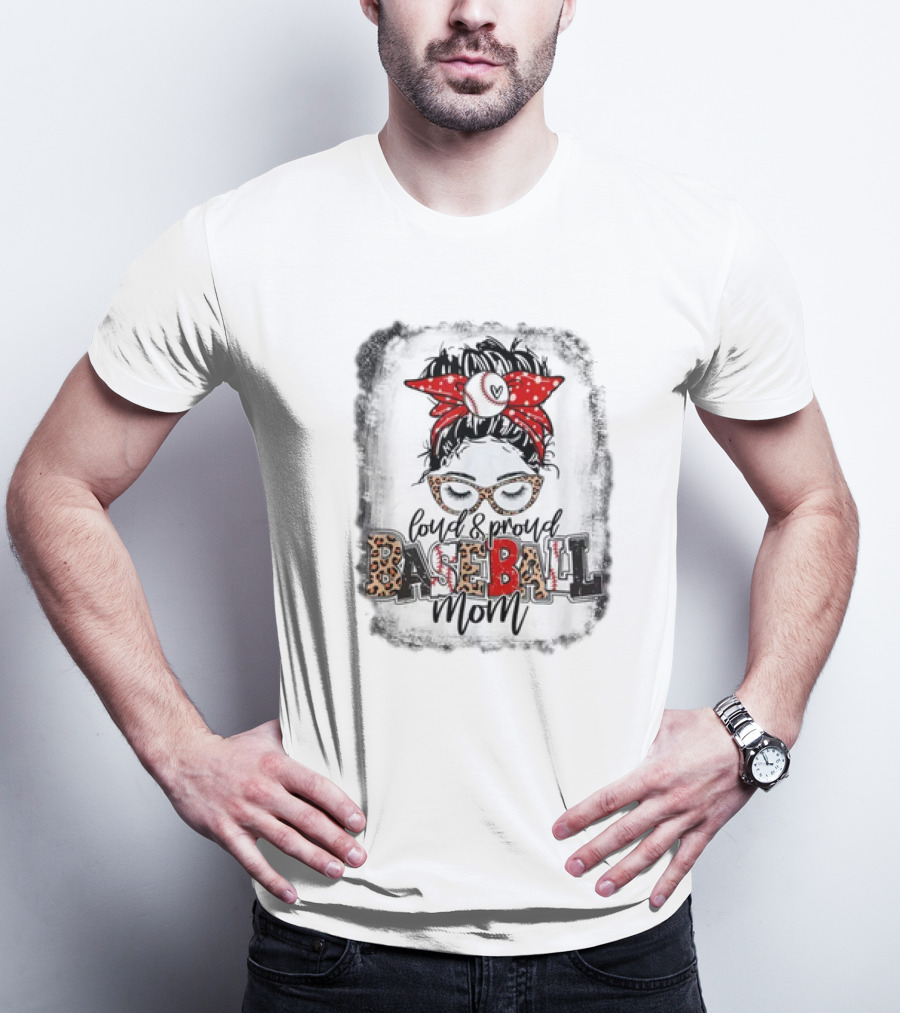 Loud Proud Baseball Mom Life Messy Bun Leopard Glasses Red Bandana T-Shirt