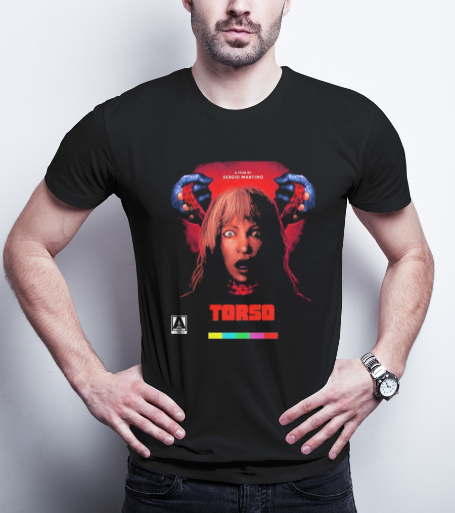 A Film By Sergio Martino Torso Horror Classic With Frightened Woman And Hands In Red And Blue T-Shirt