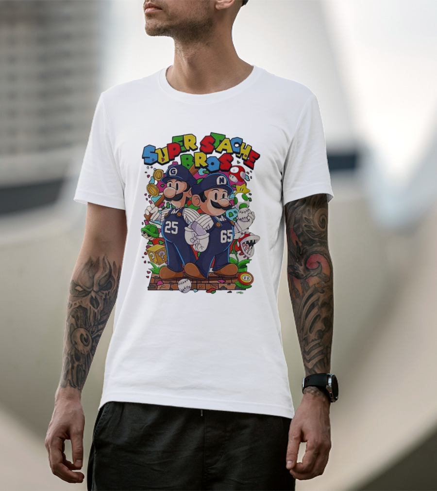 Super Stache Bros Numbers 25 And 65 Baseball Mario T-Shirt