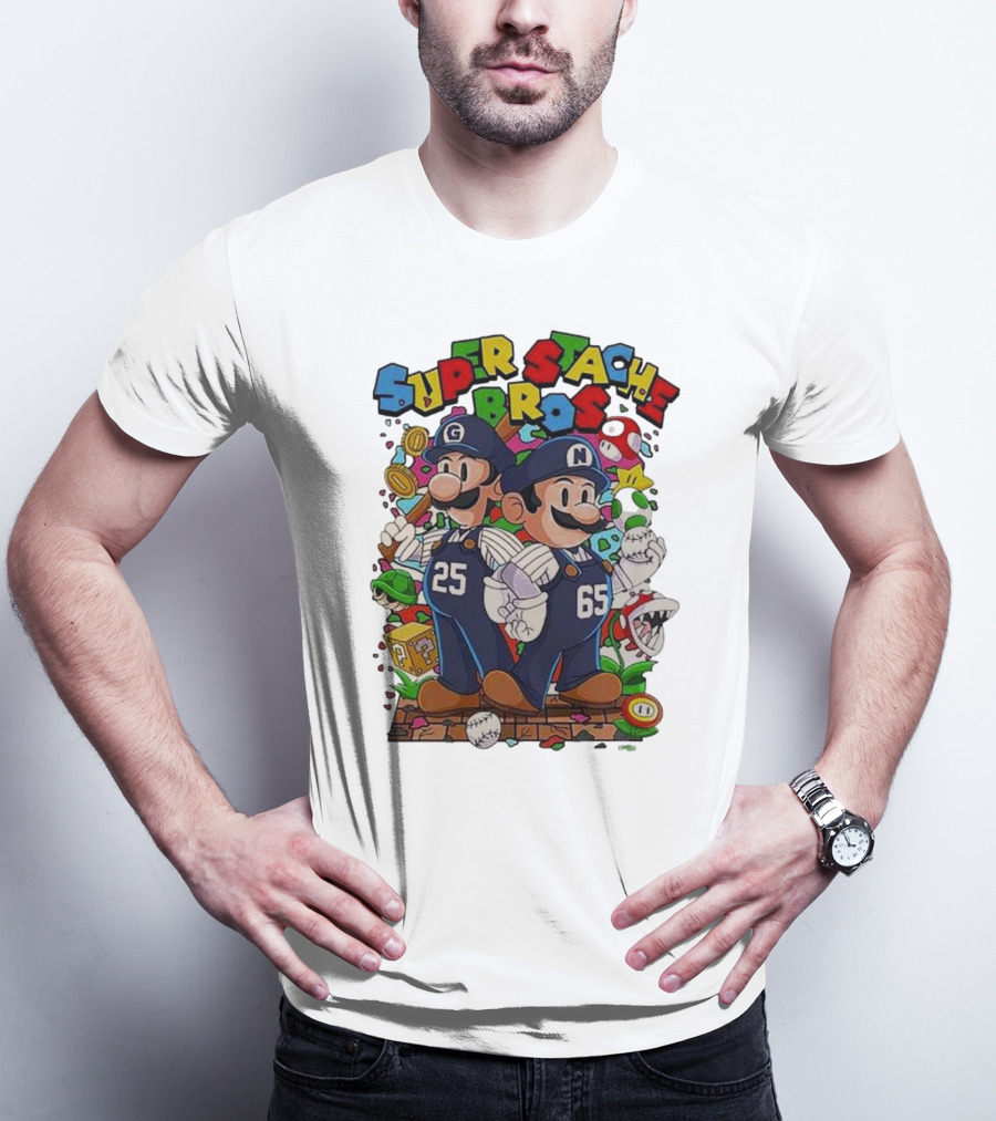Super Stache Bros Numbers 25 And 65 Baseball Mario T-Shirt