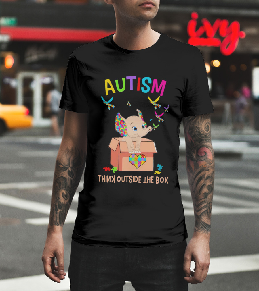 AUTISM Think Outside The Box Elephant With Puzzle Pieces And Butterflies T-Shirt