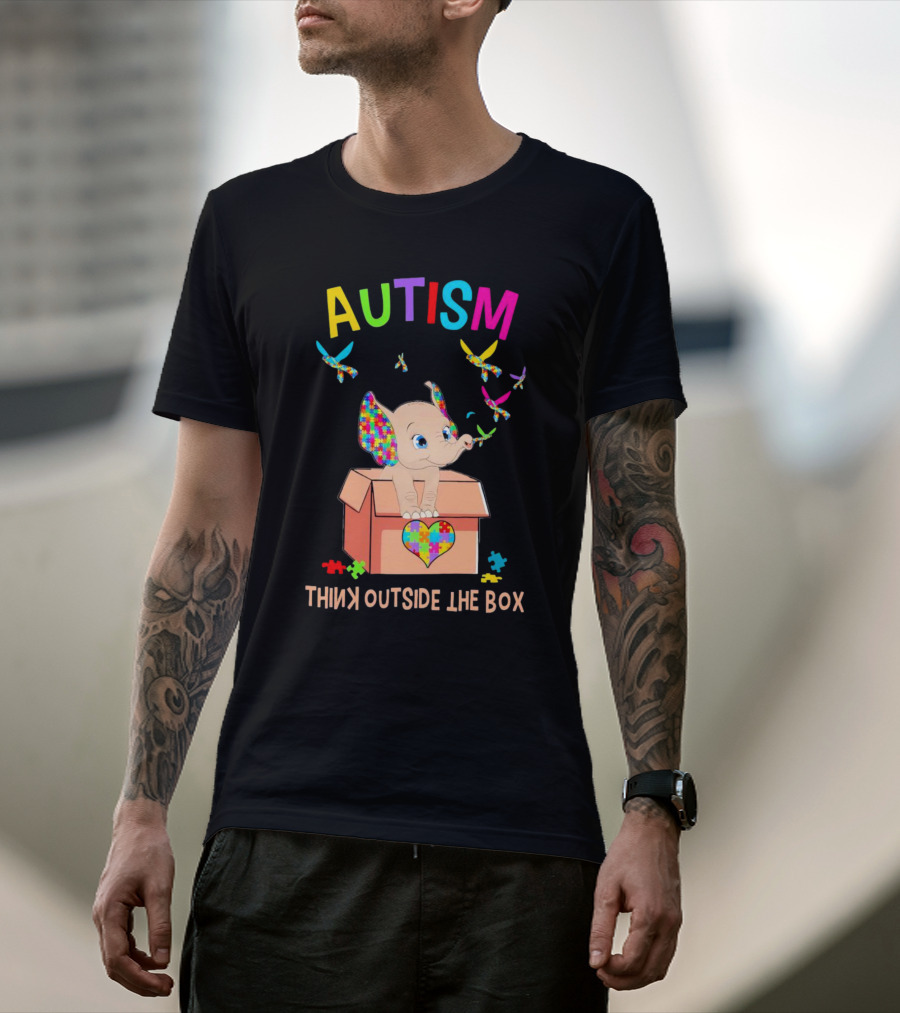 AUTISM Think Outside The Box Elephant With Puzzle Pieces And Butterflies T-Shirt