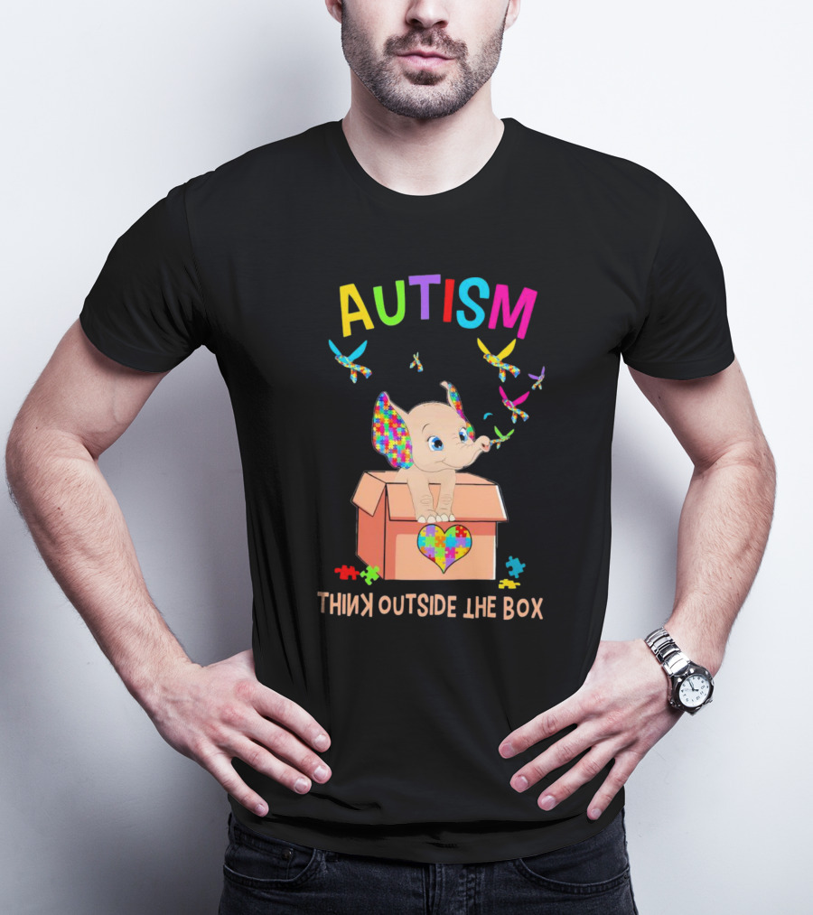 AUTISM Think Outside The Box Elephant With Puzzle Pieces And Butterflies T-Shirt