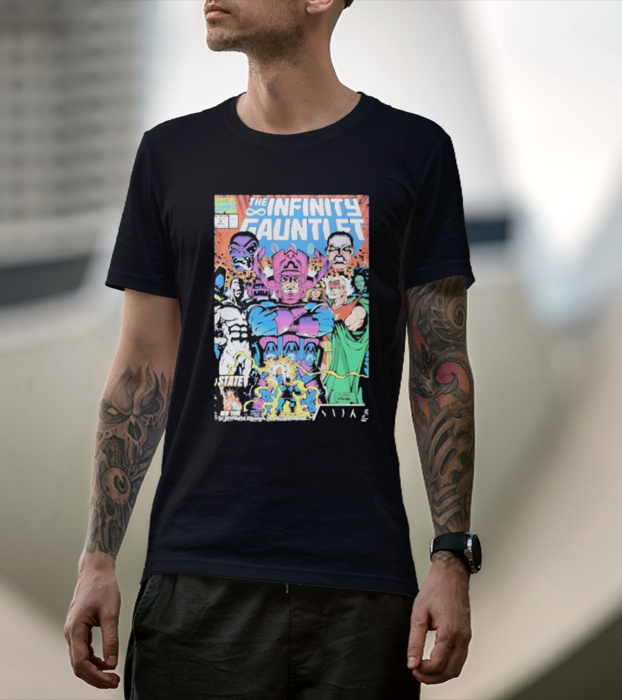 The Infinity Gauntlet Marvel Comics Cover Featuring Iconic Characters Galactus And Artistry T-Shirt