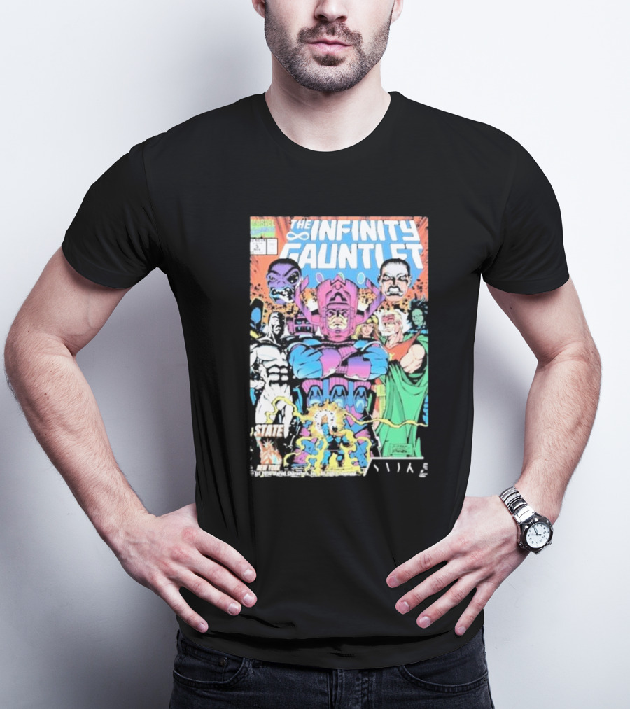 The Infinity Gauntlet Marvel Comics Cover Featuring Iconic Characters Galactus And Artistry T-Shirt