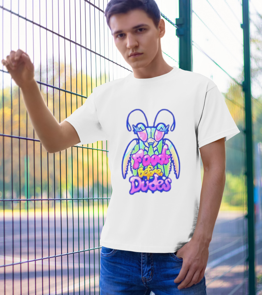 Mantis Neon Foods Before Dudes Colorful Insect Motif T-Shirt
