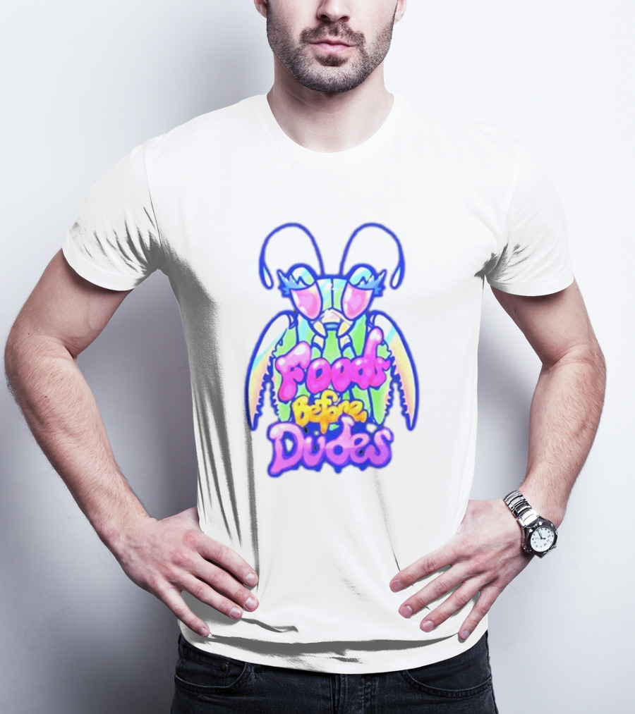 Mantis Neon Foods Before Dudes Colorful Insect Motif T-Shirt
