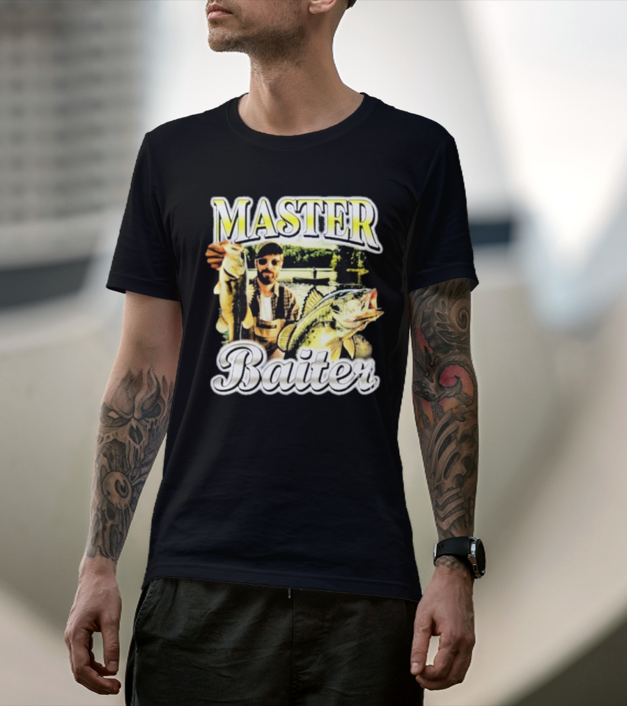 MASTER BAITER Fisherman Holding Fish In Lake Scene T-Shirt