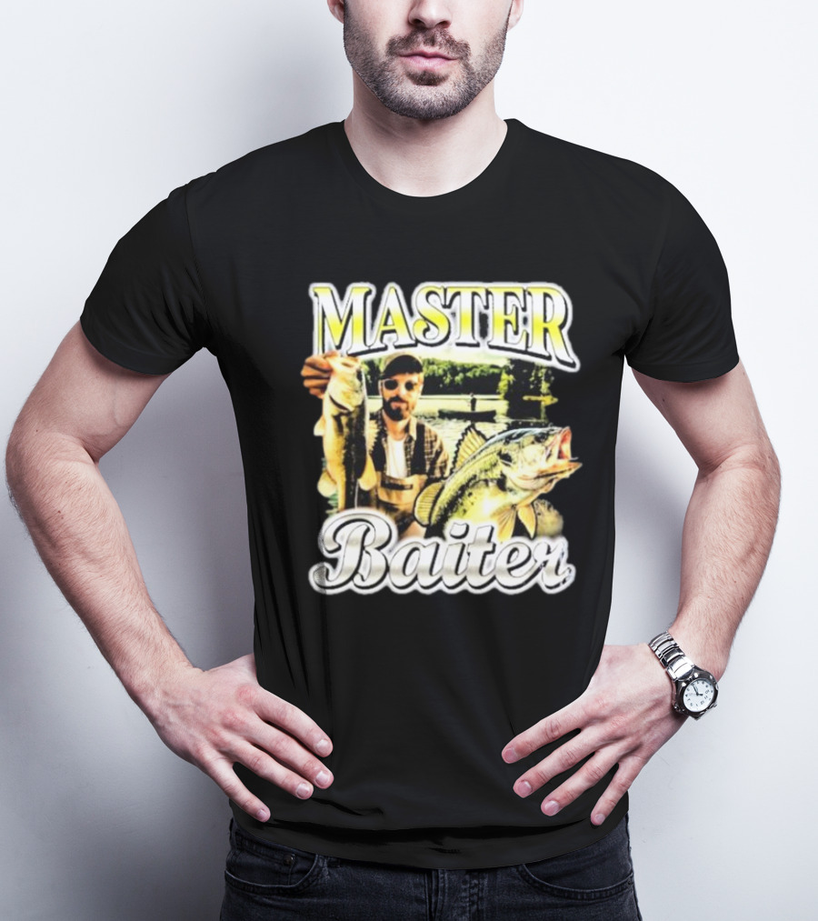 MASTER BAITER Fisherman Holding Fish In Lake Scene T-Shirt