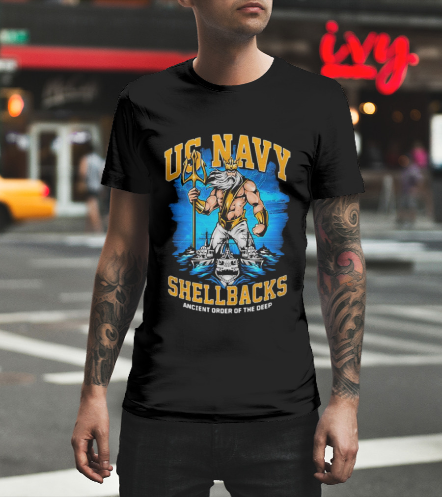 US Navy Shellbacks Poseidon Ancient Order Of The Deep With Battleship T-Shirt