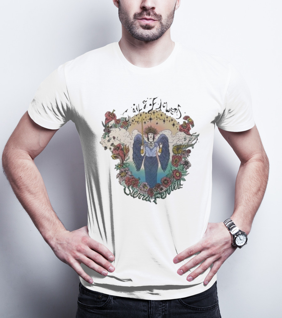 Sierra Ferrell Trail Of Flowers Angelic Winged Figure Surrounded By Floral Frame T-Shirt