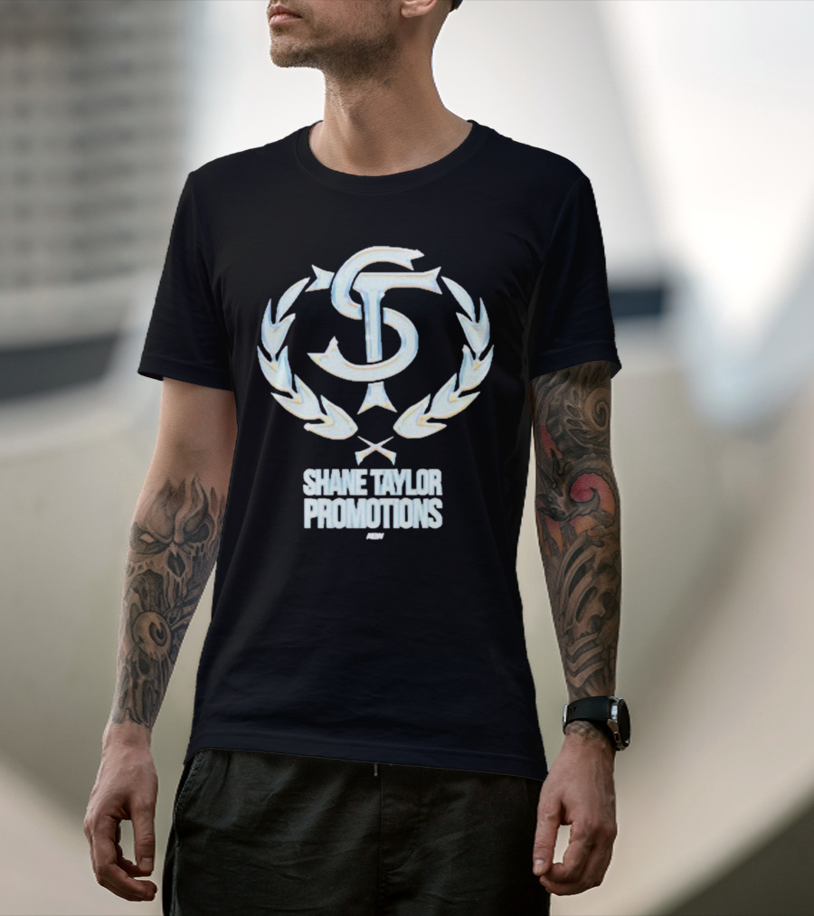 Shane Taylor Promotions ST Logo With Wreath Symbol Above AEW Text T-Shirt