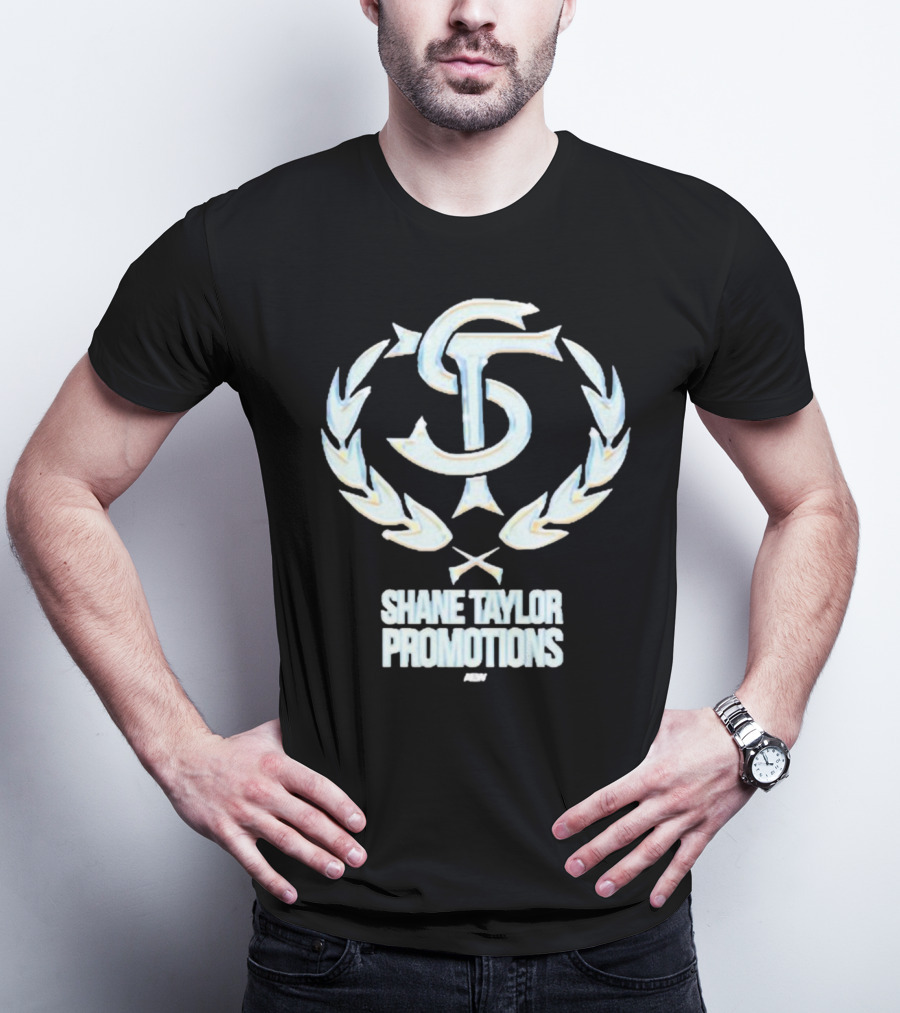 Shane Taylor Promotions ST Logo With Wreath Symbol Above AEW Text T-Shirt