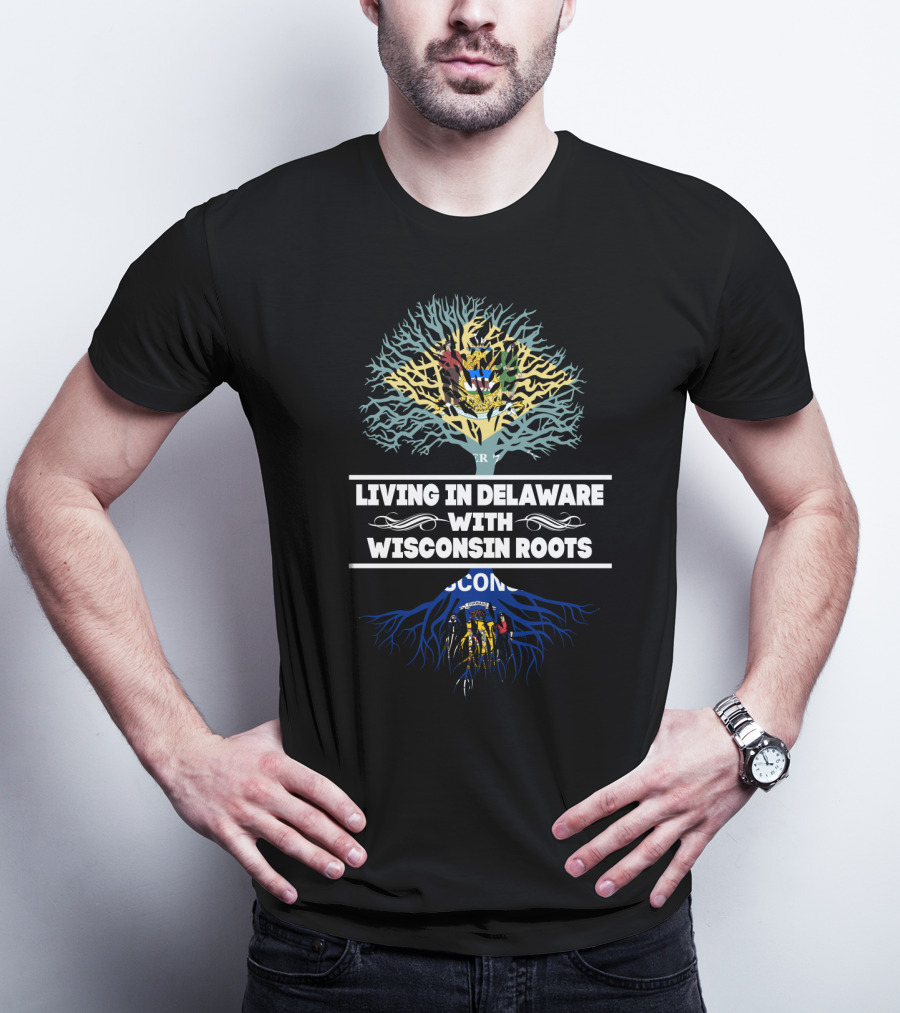 Delaware Living Wisconsin Roots Emblem With State Flag Tree T-Shirt