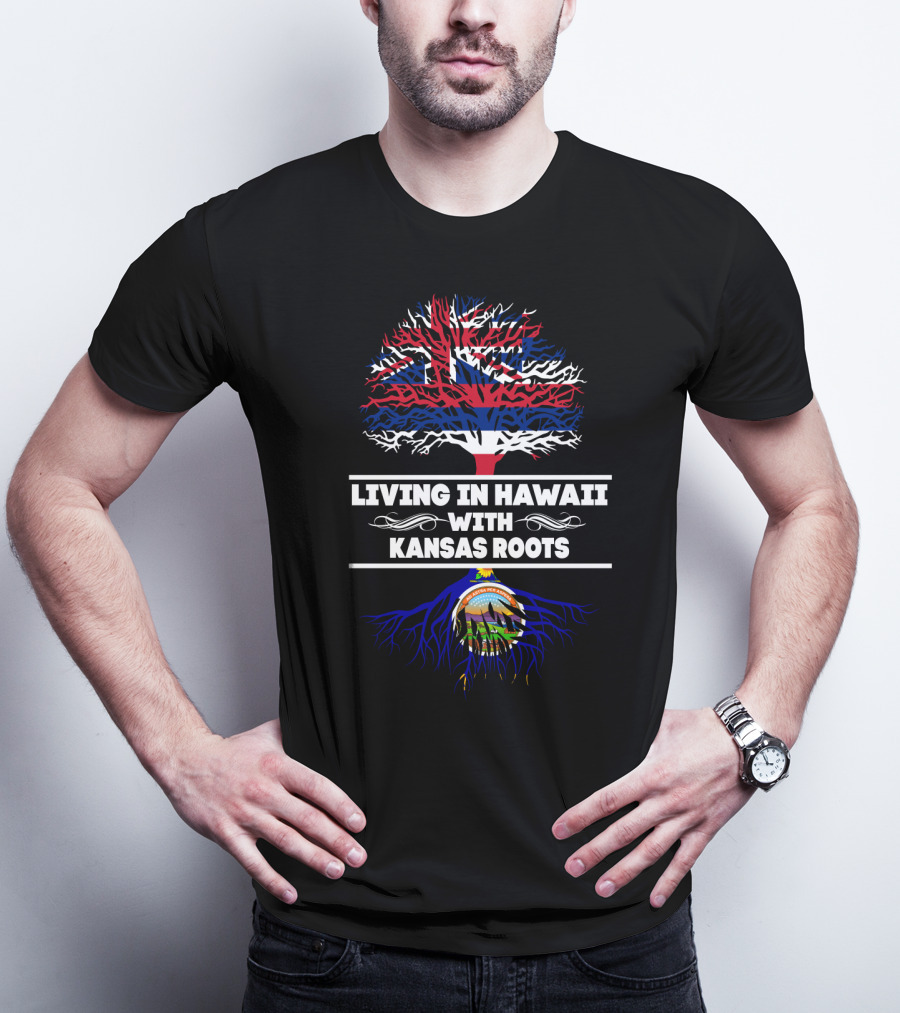 Hawaii Flag And Tree With Kansas Roots Heritage T-Shirt