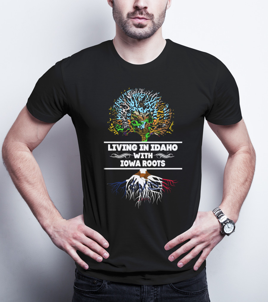 Living In Idaho With Iowa Roots Tree Design Featuring State Maps And Colors T-Shirt