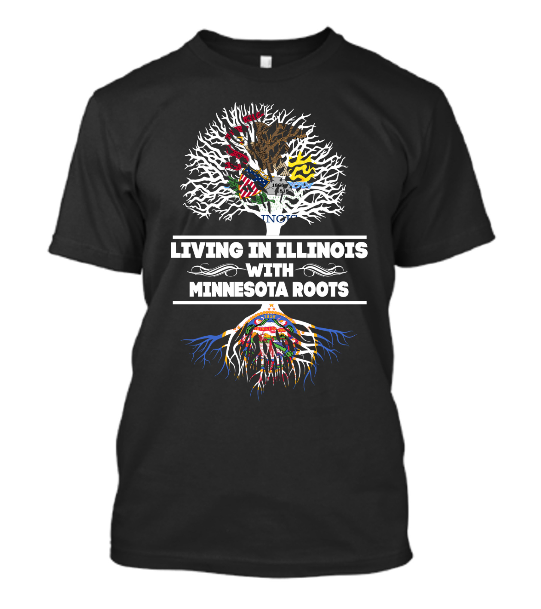 Illinois And Minnesota Tree Roots Graphic With State Flags T-Shirt